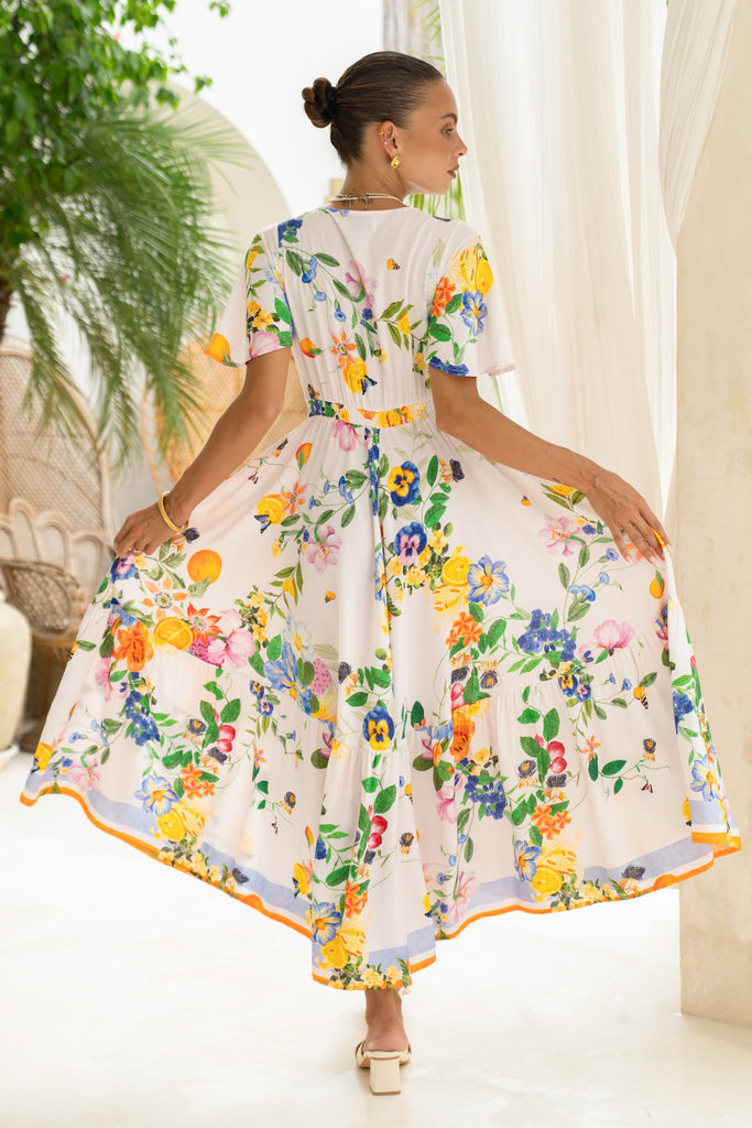 Felicity Orange Floral V-Neck Midi Dress