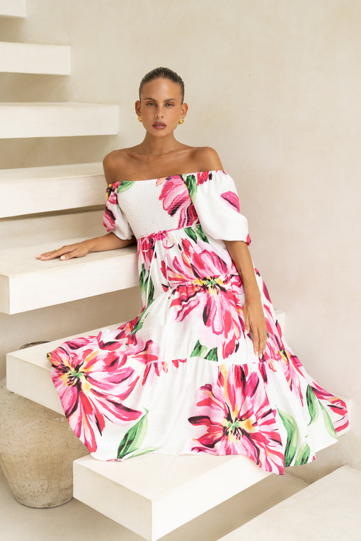 Eleyna White Stripe Tiered Maxi Dress