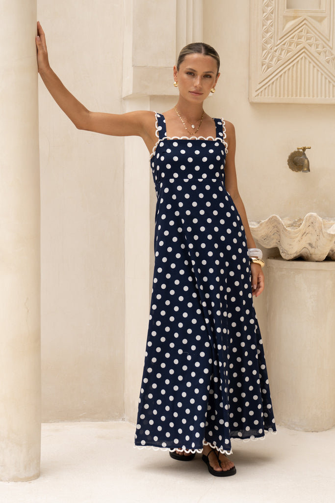Cindy Navy Blue White Polka Dot Maxi Dress | Retro-Chic Summer Dress