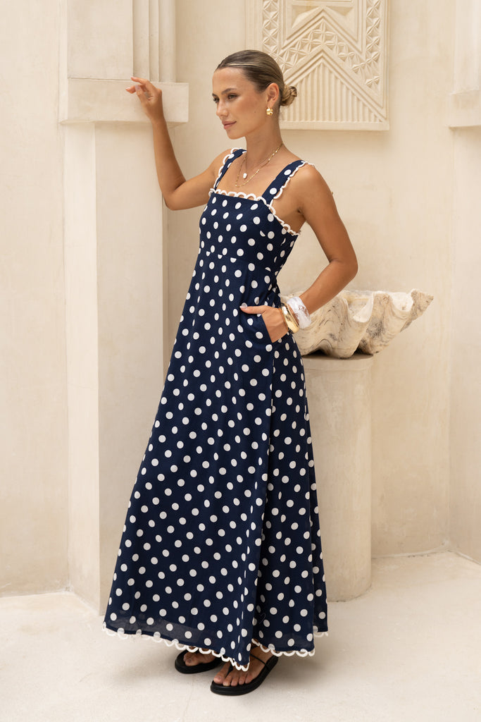 Cindy Navy Blue White Polka Dot Maxi Dress | Retro-Chic Summer Dress