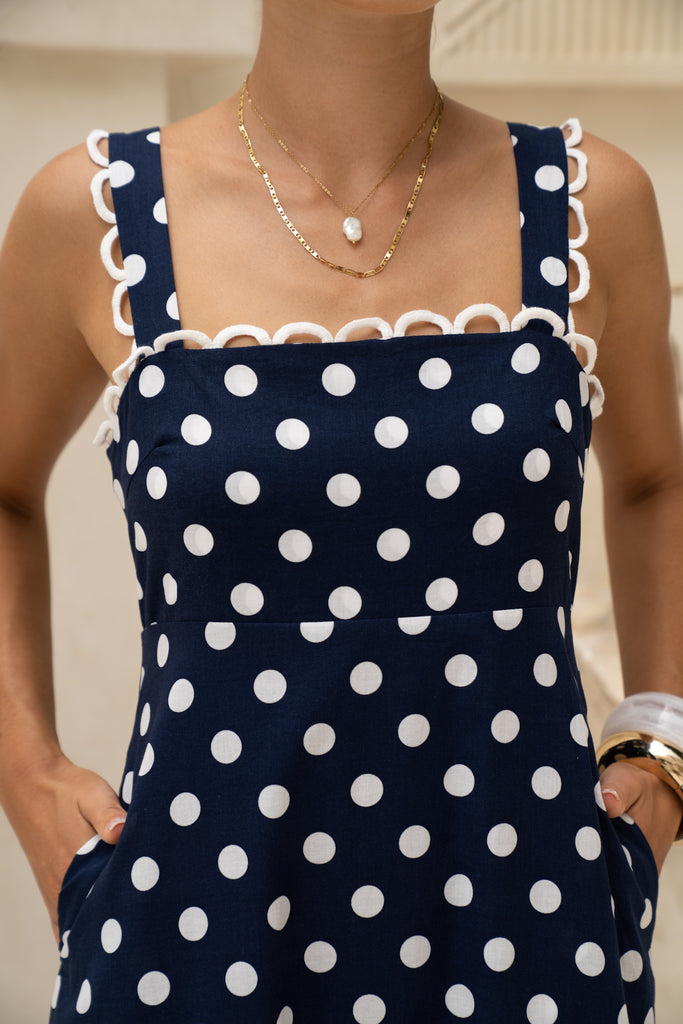 Cindy Navy Blue White Polka Dot Maxi Dress | Retro-Chic Summer Dress