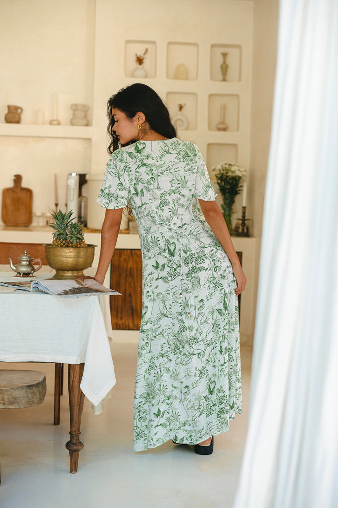 Avani Green Tropical Floral Button Down Maxi Dress