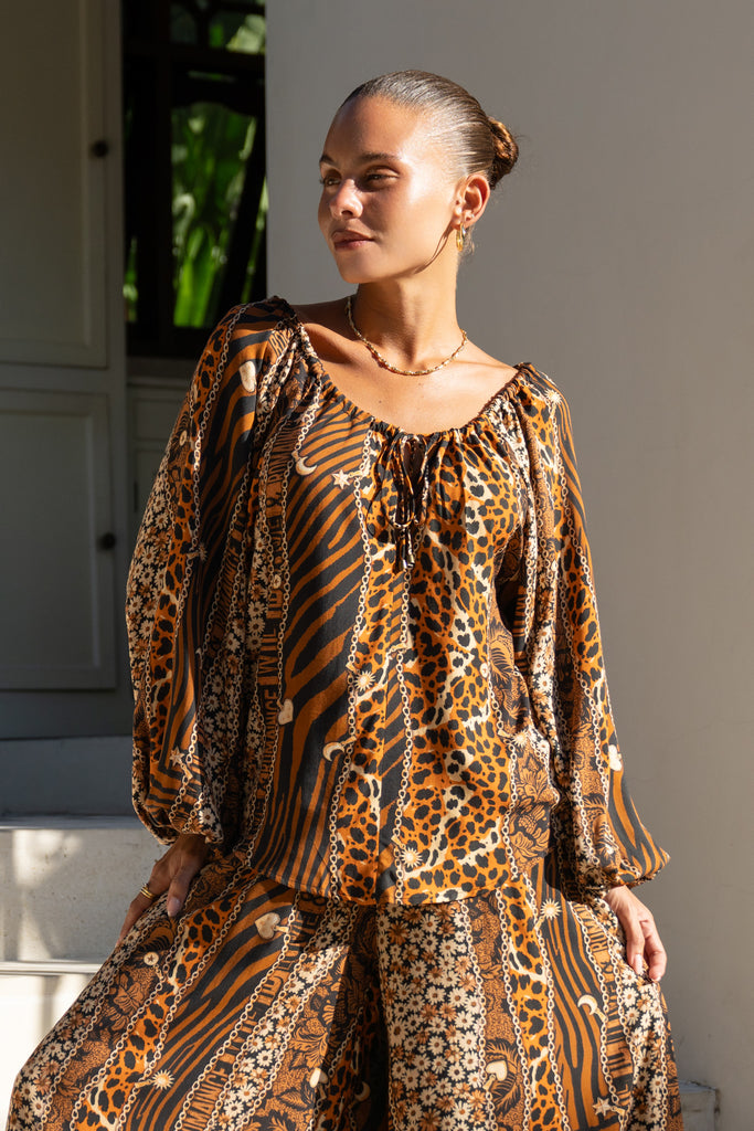 Malika Brown Leopard Blouse – Billowy Off-Shoulder Animal Print Top