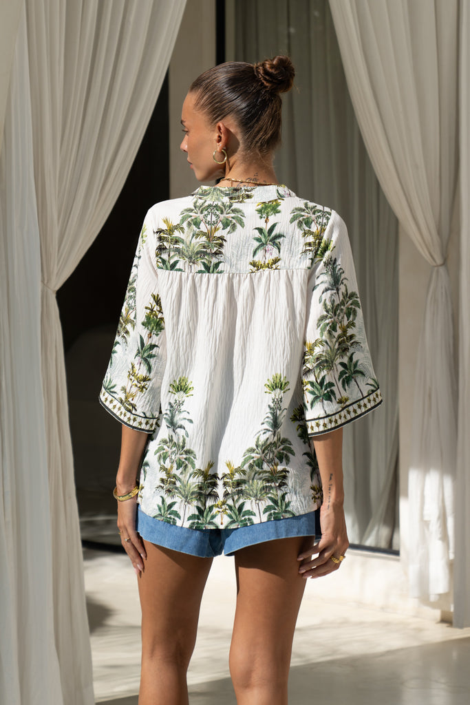 Sabina Green Tropical Shirt – Women’s Everyday Vacation-Inspired Top
