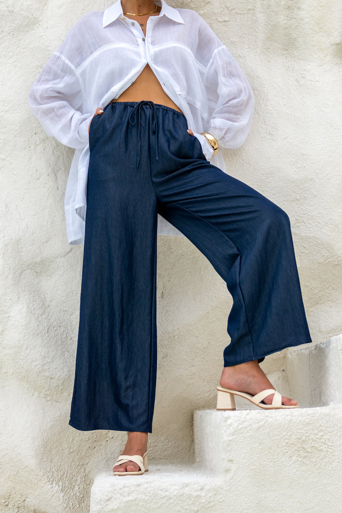 Josefin Blue Drawstring Pants | Relaxed Wide-Leg Linen Blend | Heychic