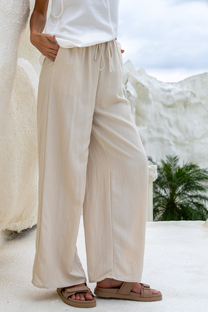 Josefin Beige Drawstring Pants | Lightweight Linen Blend Loungewear
