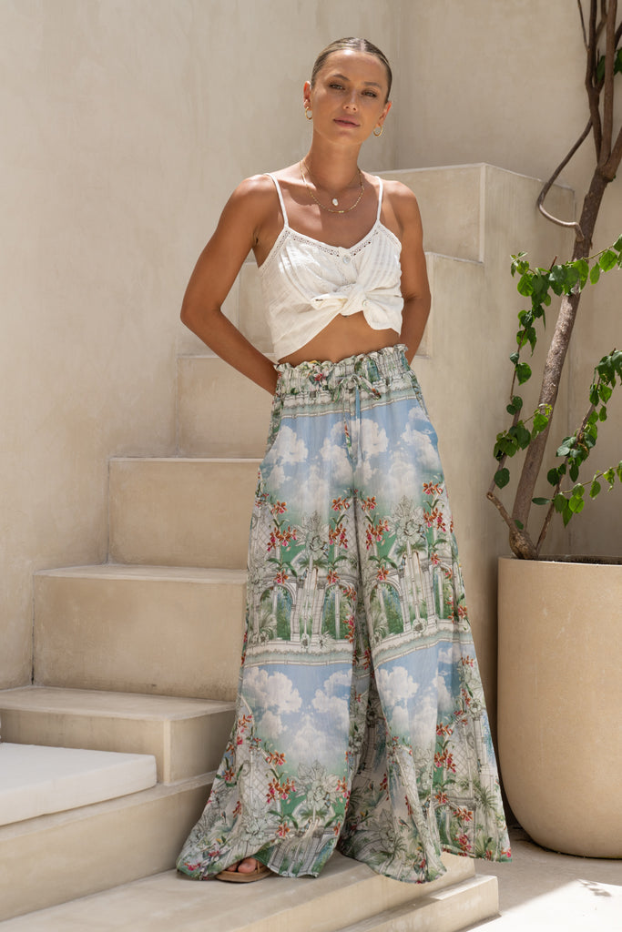 Elysara Green Tropical Wide Leg Pants | Flowy High-Waist with Pockets