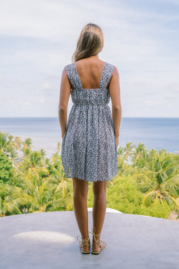 Cassia Black White Ditsy Floral Mini Dress