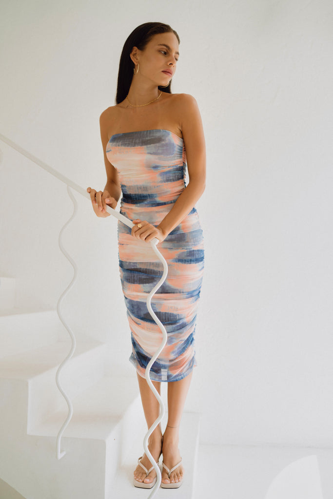 Kylie Blue Abstract Mesh Ruched Bodycon Midi Dress