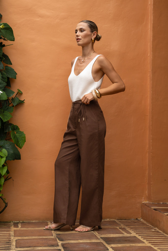 Adela Tie Detail Brown Pants | Linen Blend Summer Pants