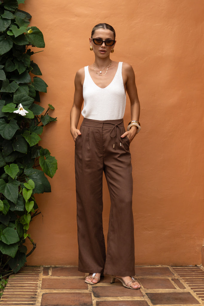Adela Tie Detail Brown Pants | Linen Blend Summer Pants