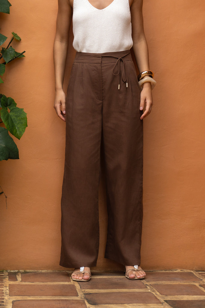 Adela Tie Detail Brown Pants | Linen Blend Summer Pants