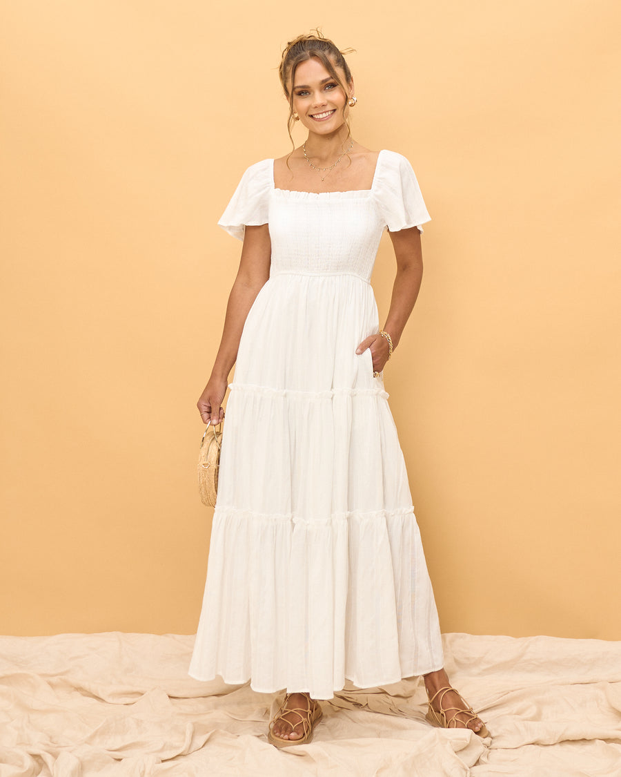 Eleyna White Stripe Tiered Maxi Dress – HEYCHIC